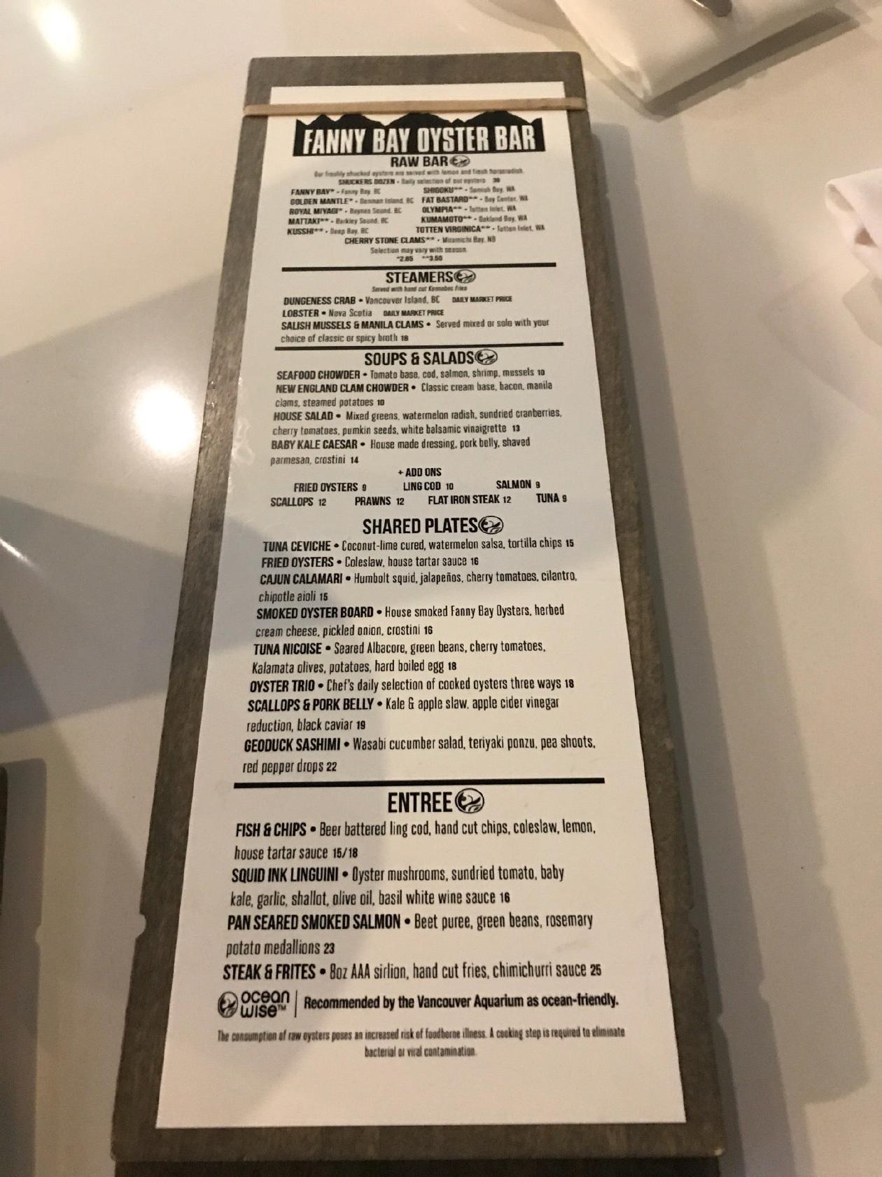 Menu at Fanny Bay Oyster Bar & Shellfish Market, Vancouver