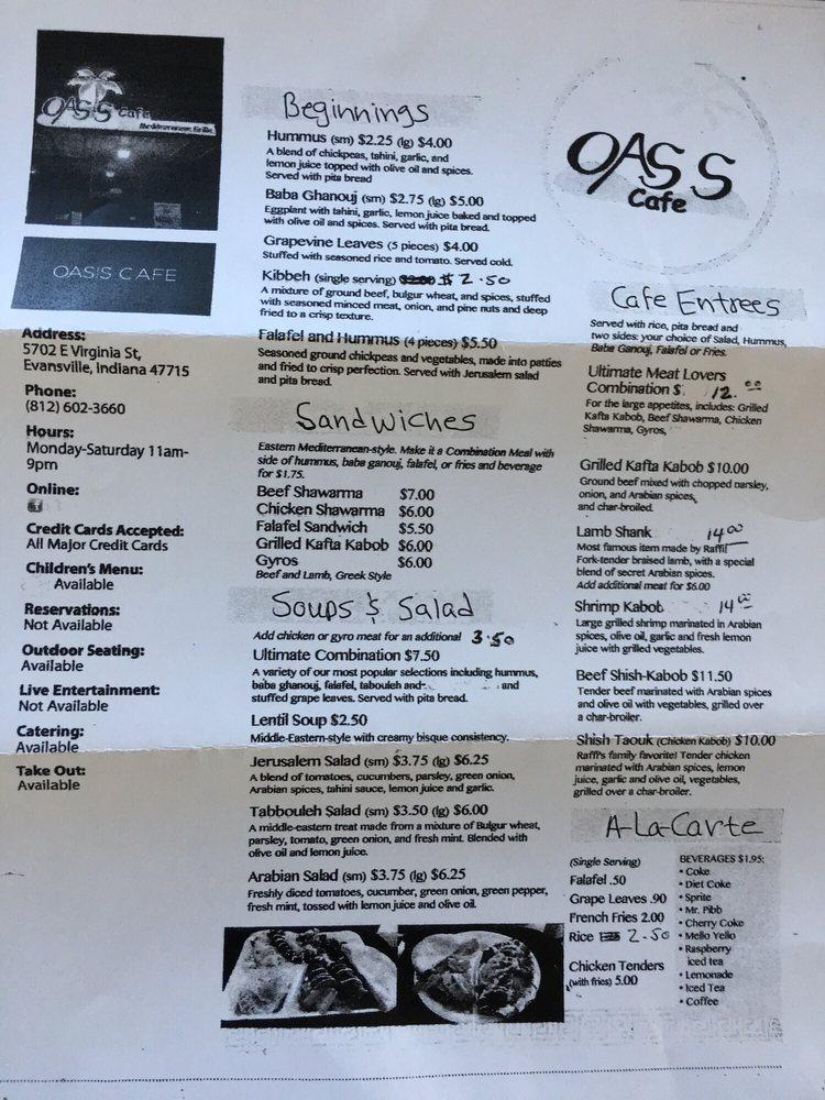 Menu at Oasis Cafe, Evansville