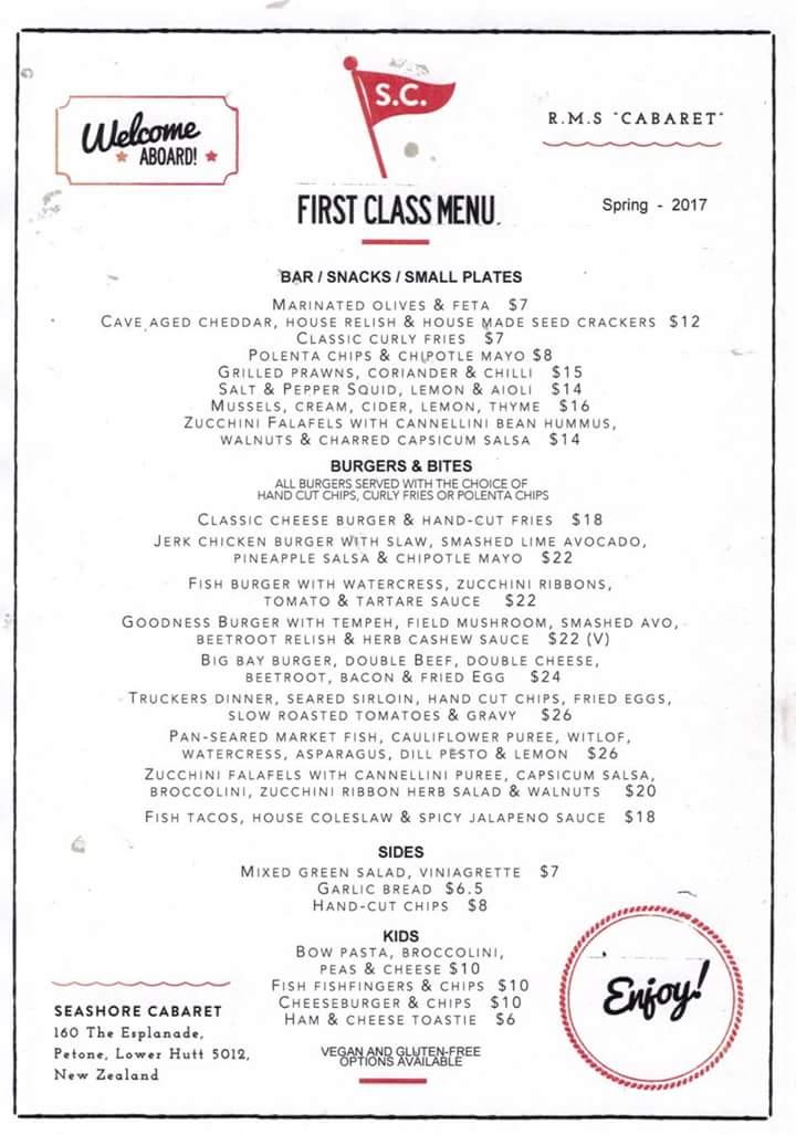 Menu at Seashore Cabaret, Lower Hutt