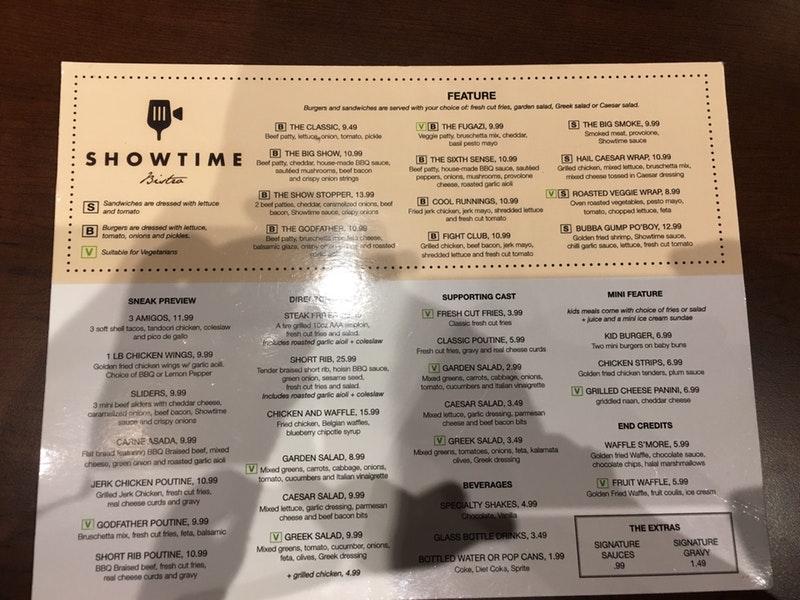 Menu at Showtime Bistro restaurant, Toronto