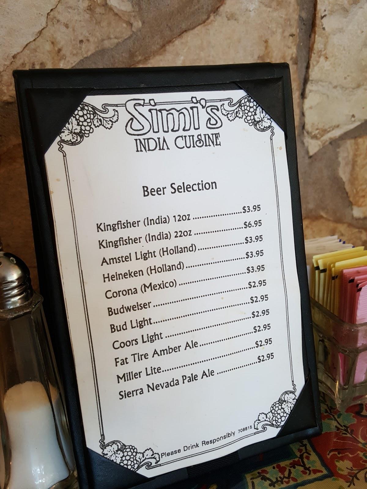 Menu at Simi's India Cuisine restaurant, San Antonio