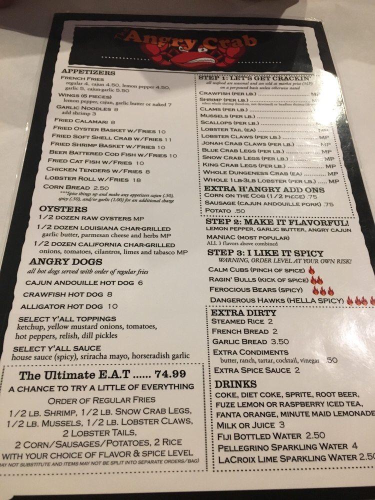 Menu at The Angry Crab Wicker Park restaurant, Chicago, N Milwaukee Ave