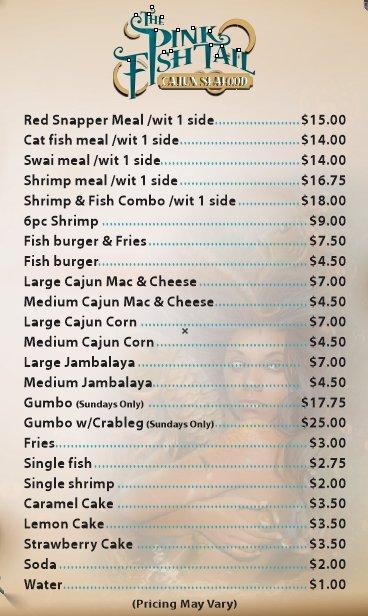 Menu at The Pink Fish Tail restaurant, Bakersfield