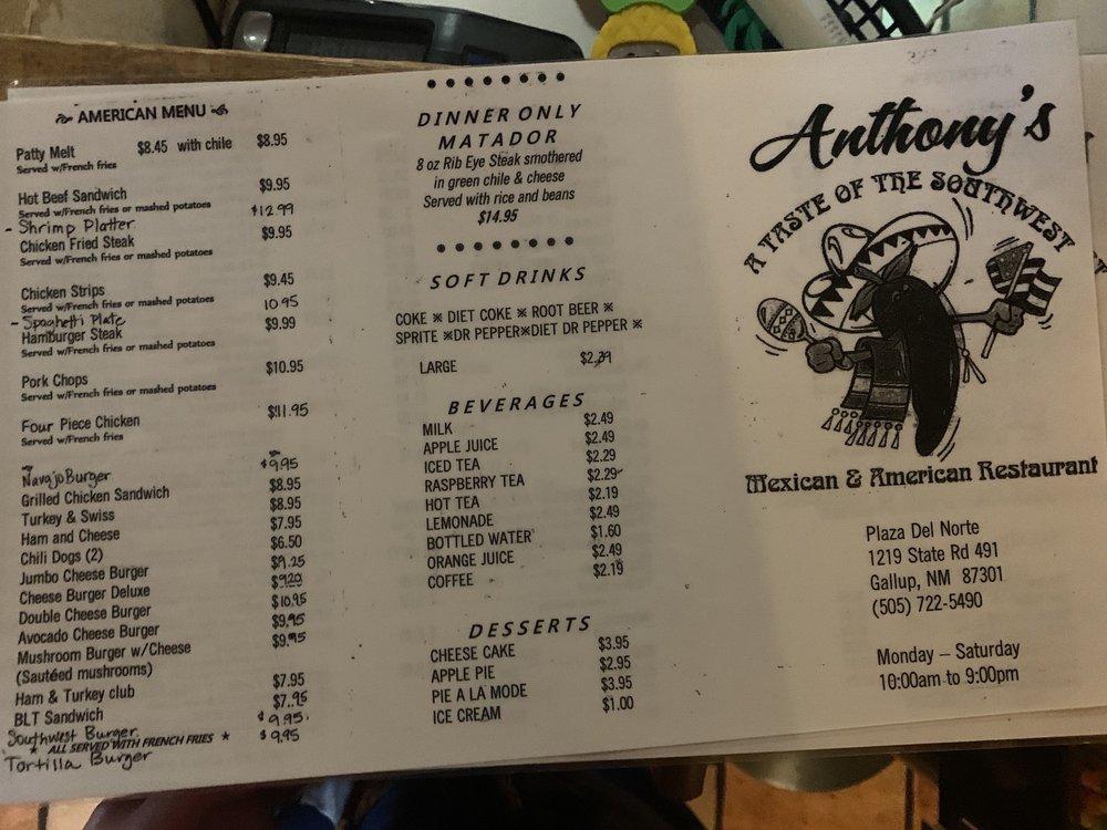 Menu at Anthony's A Taste Of The Southwest restaurant, Gallup