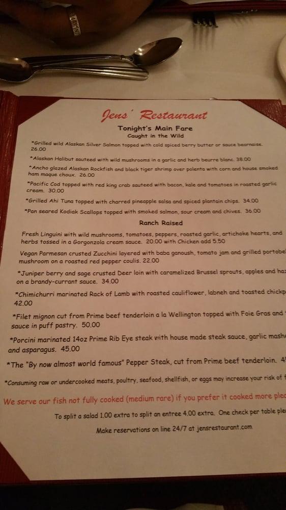Menu at Jens' Restaurant, Anchorage