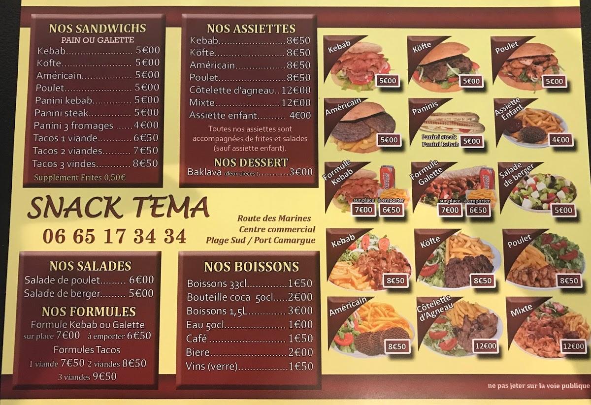 Menu at Snack Tema restaurant, Le Grau-du-Roi