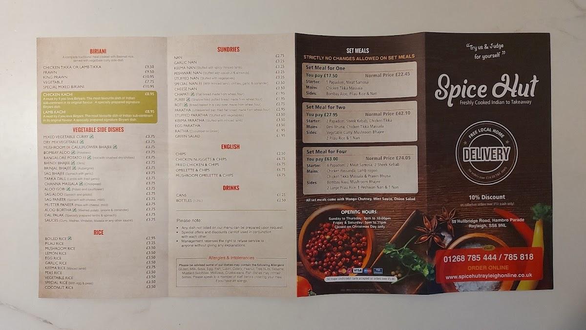 Menu at Spice Hut fast food, Rayleigh, 59 Hullbridge Rd