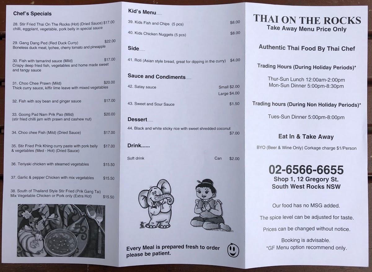 Menu at Thai on the rocks restaurant, South West Rocks