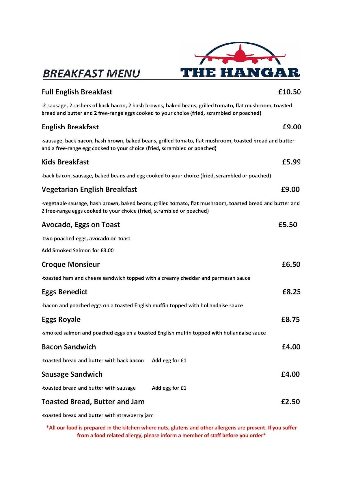Carta del restaurante The Hangar, Great Rissington