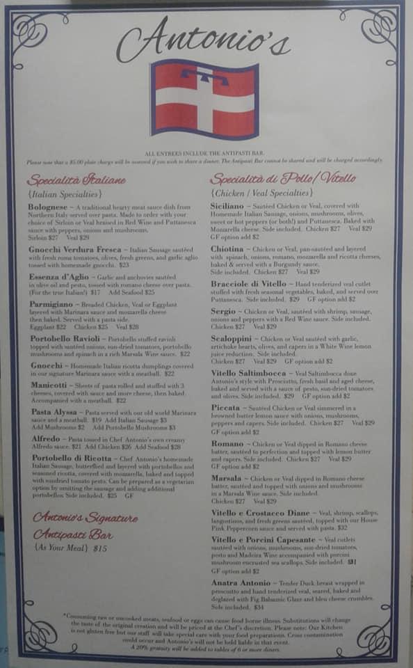 Carta del restaurante Antonio's, Conneaut Lake