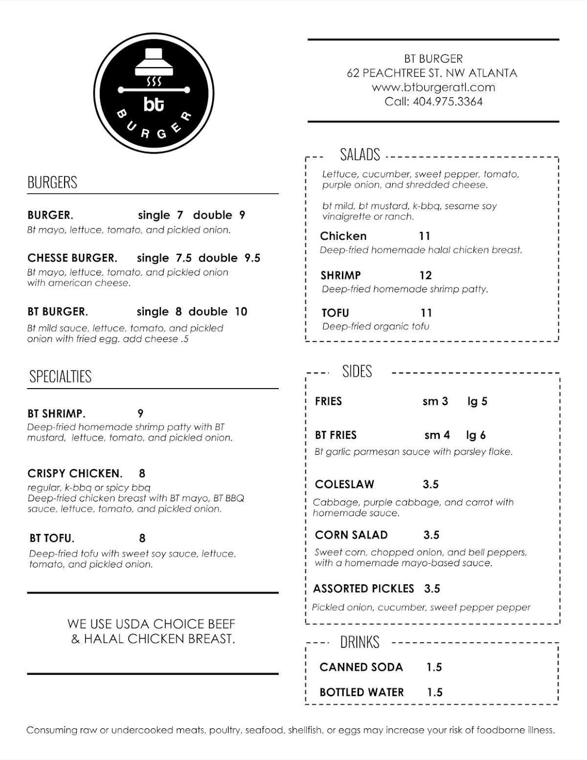 Menu at BT burger restaurant, Atlanta