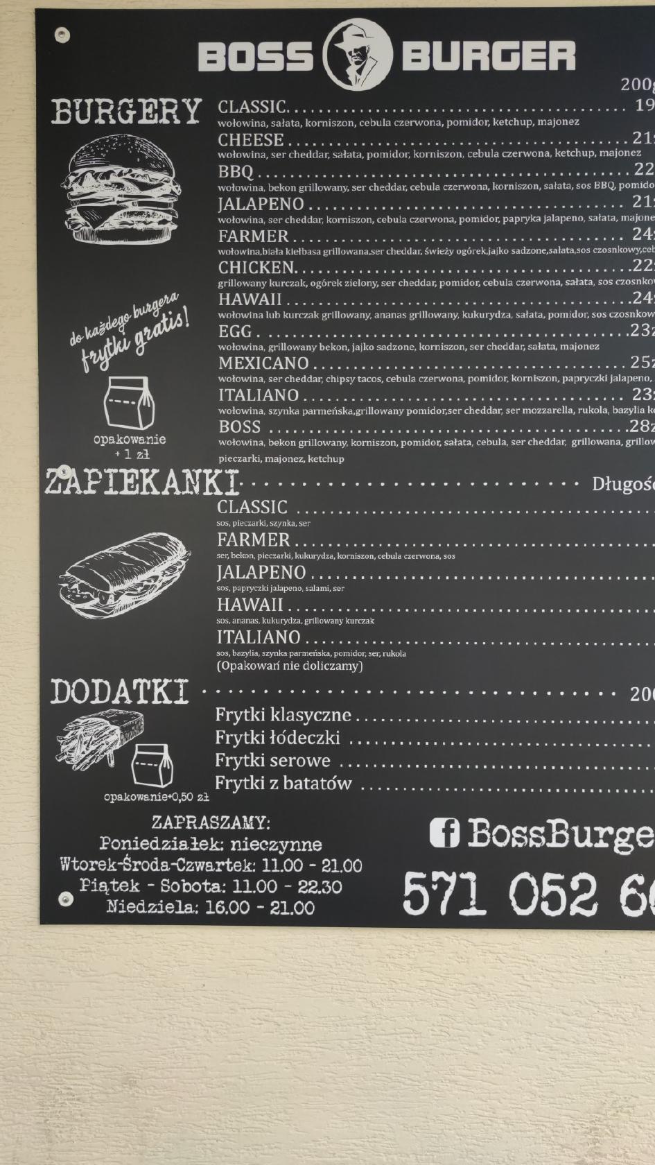 Menu at Boss Burger restaurant, Ostrowiec