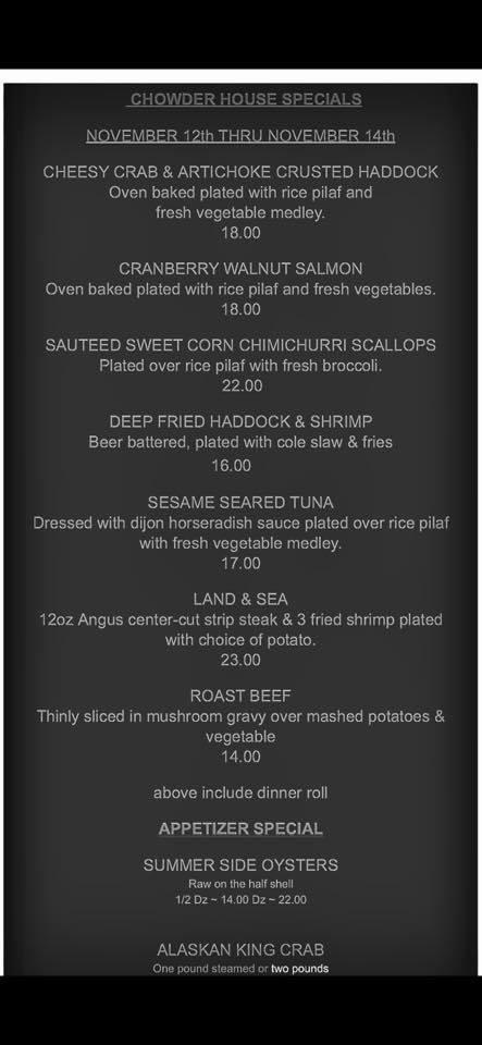 Menu at Chowder House restaurant, New York Mills