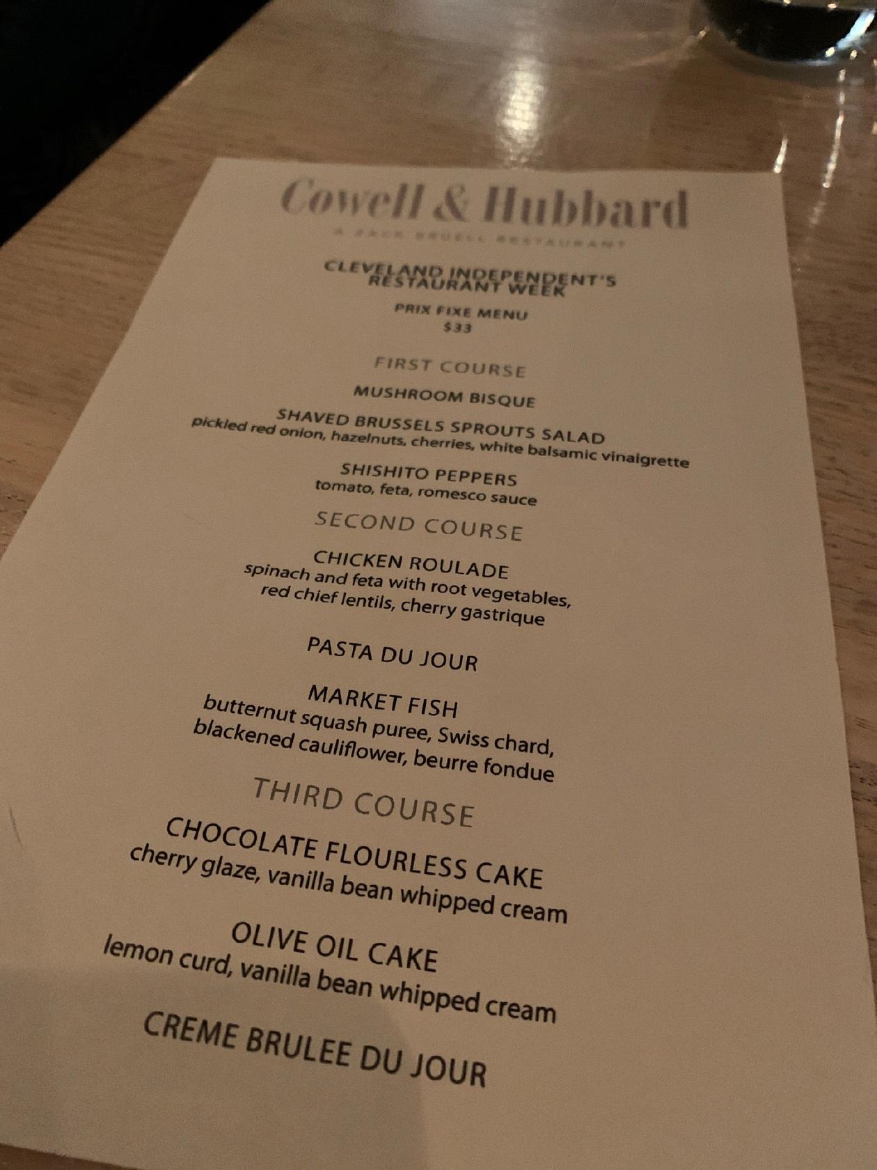 Menu at Cowell & Hubbard, Cleveland