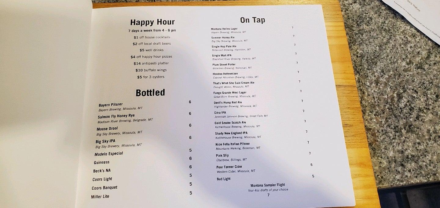Menu at FINN restaurant, Missoula