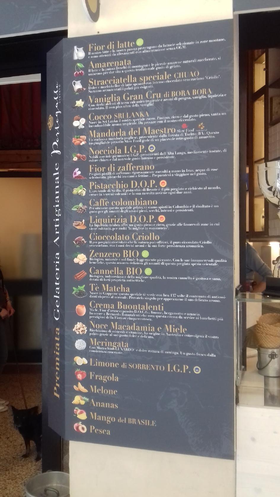 Menu at Panciera Gelateria restaurant, Padua, Via Umberto I