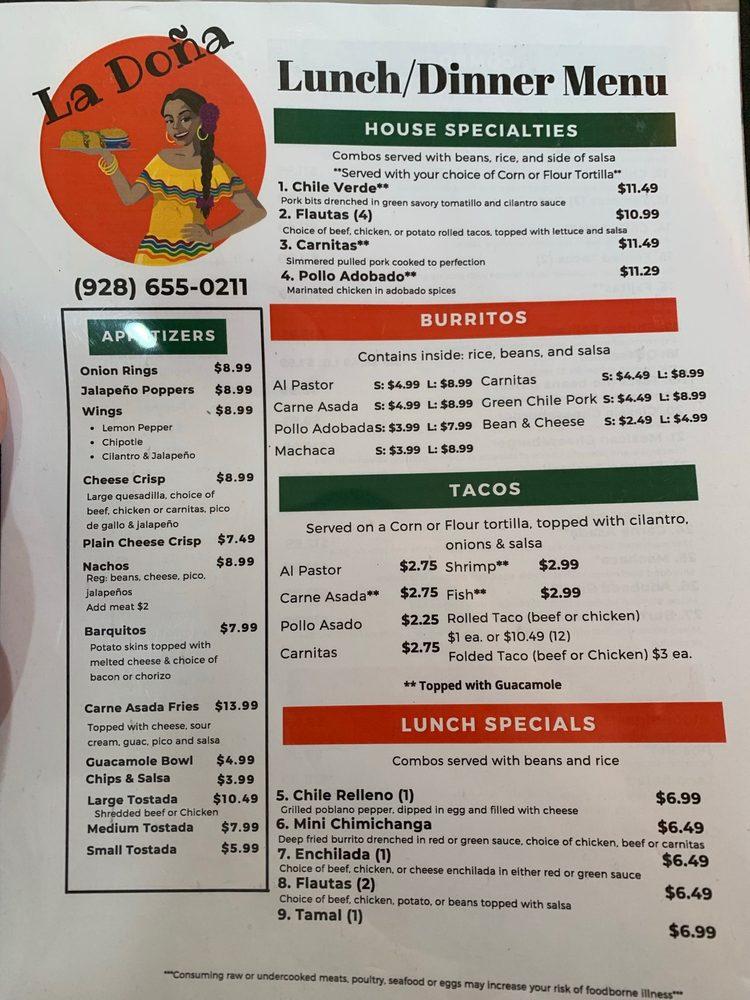 Menu at La Doña restaurant, Yuma