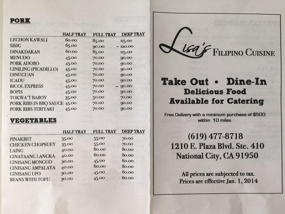 Menu at Lisa's Filipino Cuisine restaurant, National City, E Plaza Blvd