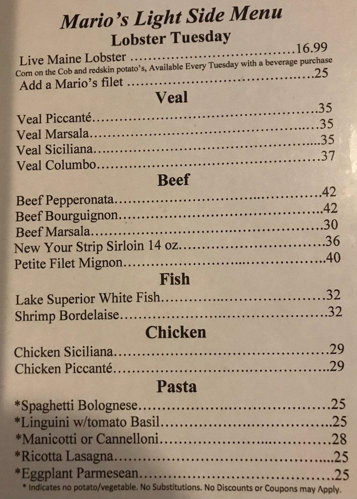 Menu at Mario's Restaurant, Detroit, 2nd Ave