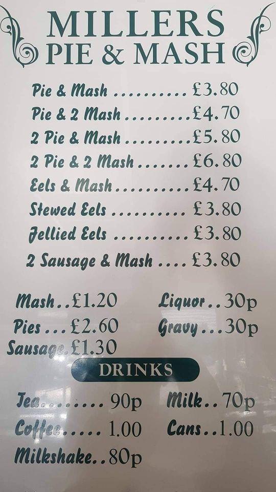 Menu at Millers Pie & Mash Shop fast food, Belvedere