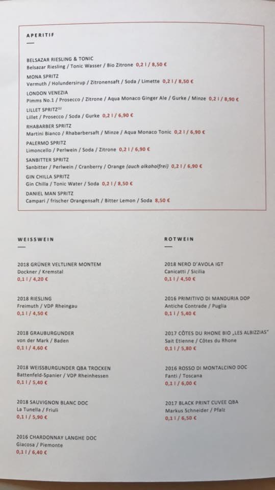 Menu at MONA restaurant, Munich