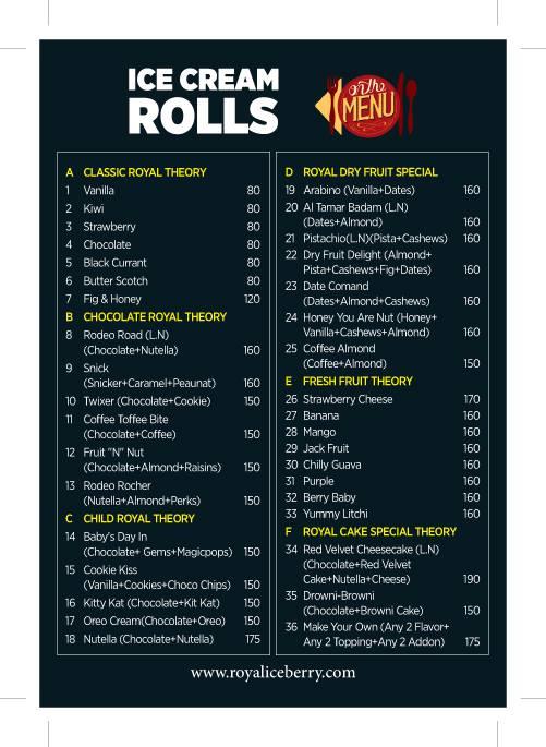 Menu at Royal Iceberry, Bengaluru