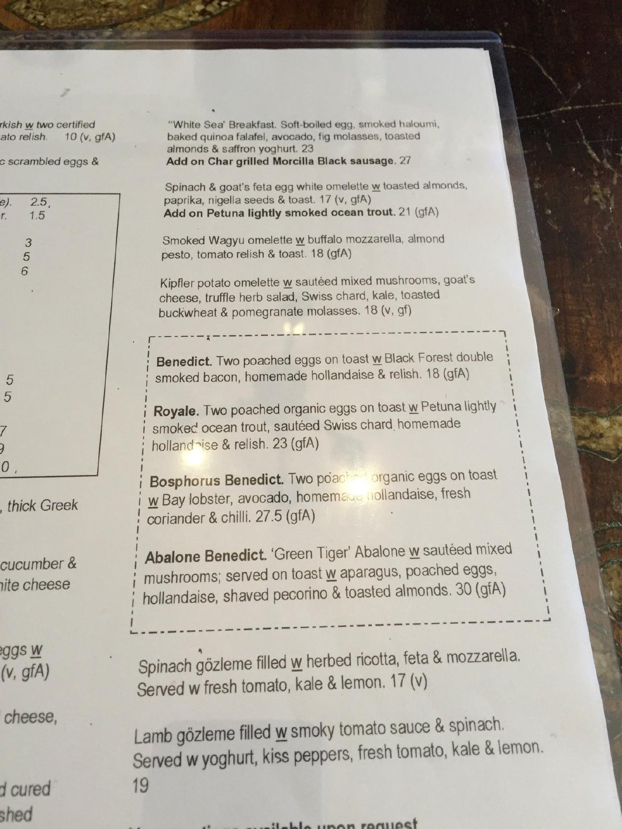 Menu at Rustic Pearl cafe, Surry Hills