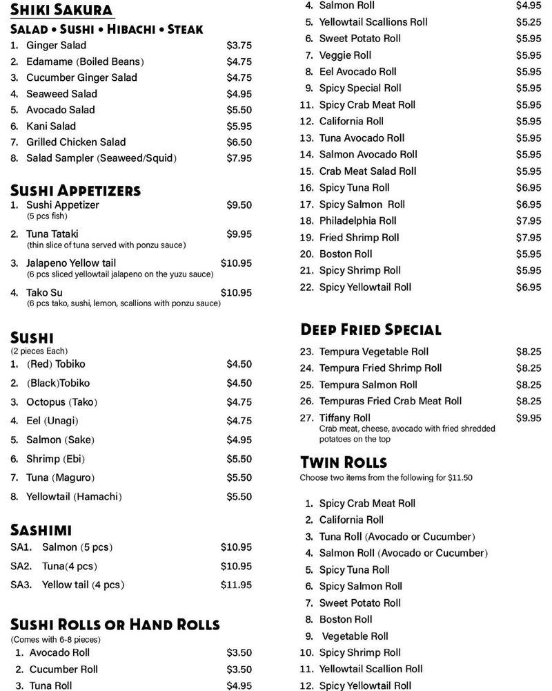 Menu at Shiki Sakura restaurant, Birmingham, 27 Olmsted St