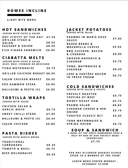Menu at The Bowes Incline pub & bar, Gateshead