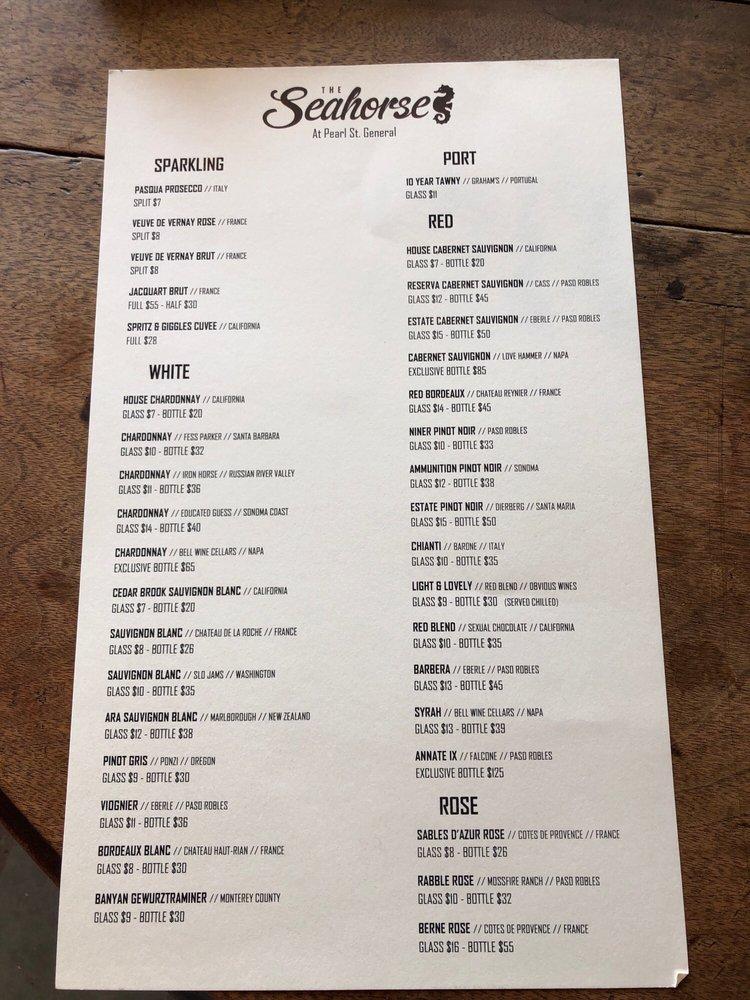 Menu at The Seahorse Bar at Pearl Street General, Laguna Beach