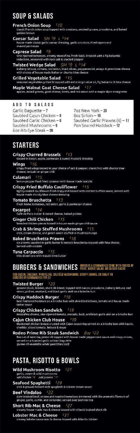Menu at Twisted Steak steakhouse, Kamloops, 500 Lorne St