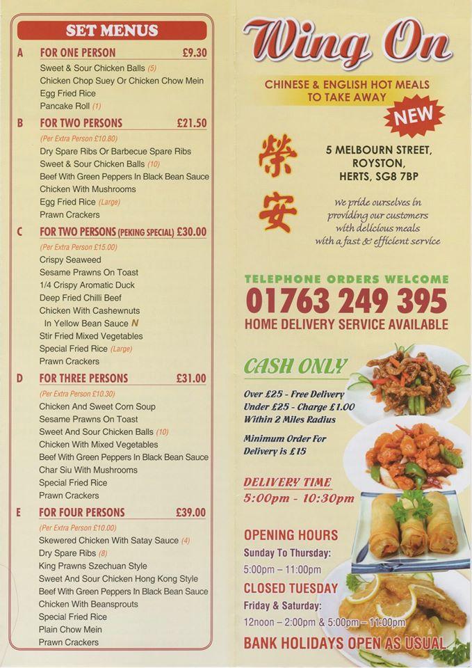Menu at Wing On restaurant, Royston