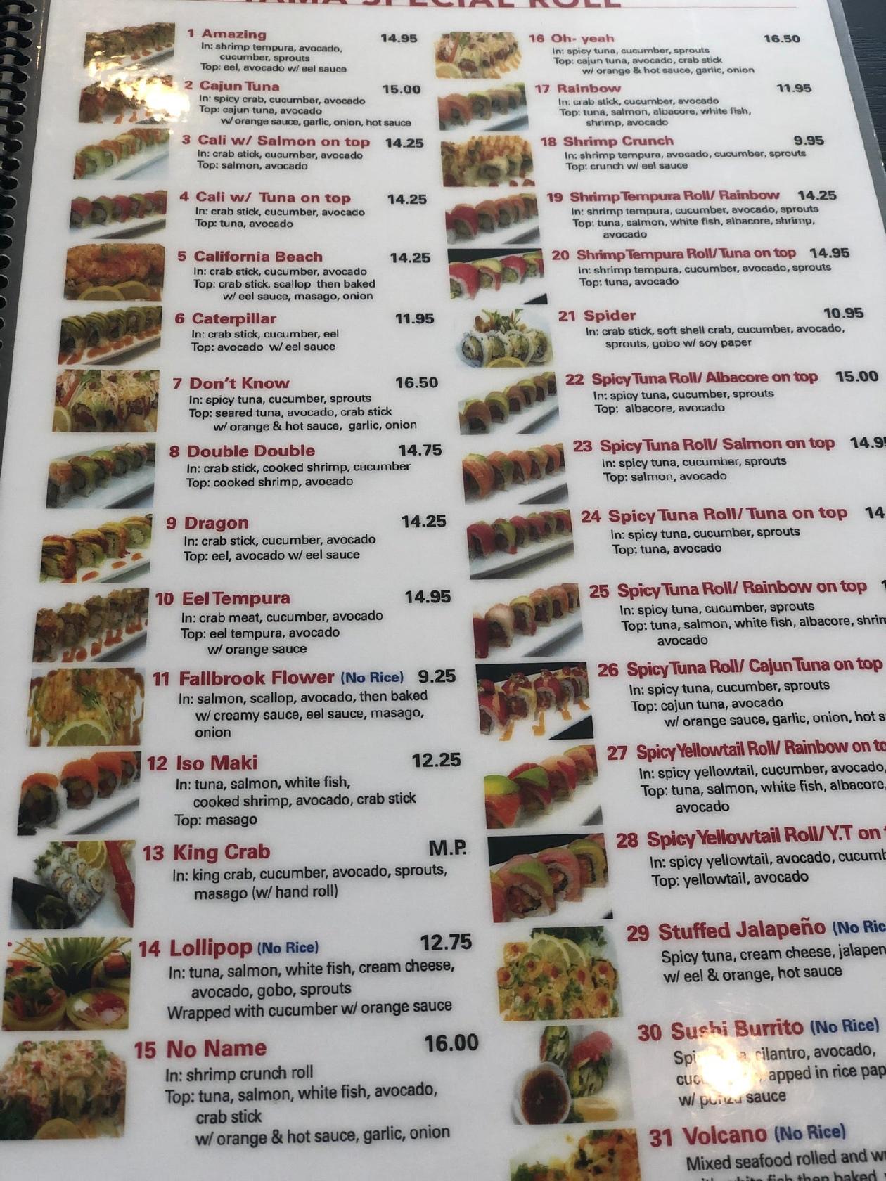 Menu at Yama Restaurant, Fallbrook