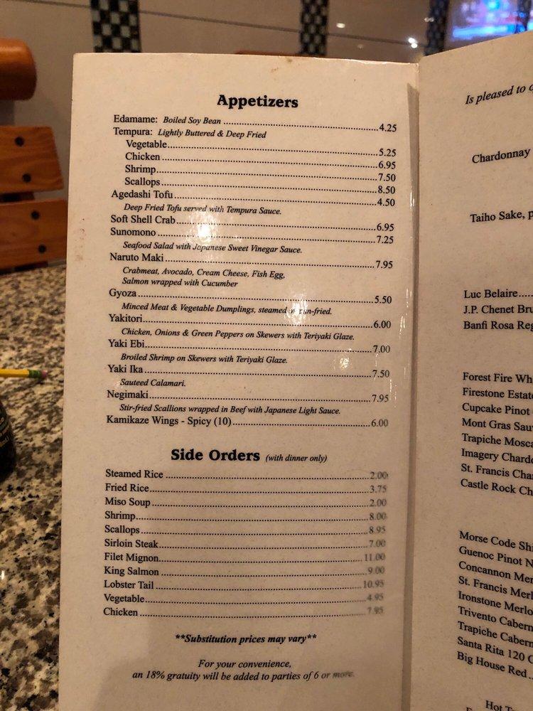 Menu at Kyodai Sushi Rock restaurant, Orange Park