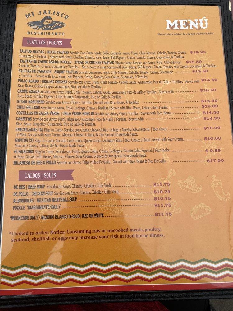 Menu at Mi Jalisco Restaurante, Vallejo