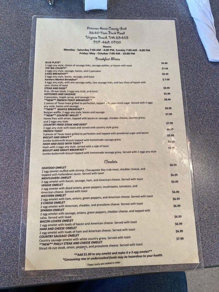 Menu at Princess Anne County Grill restaurant, Virginia Beach, Dam Neck Rd