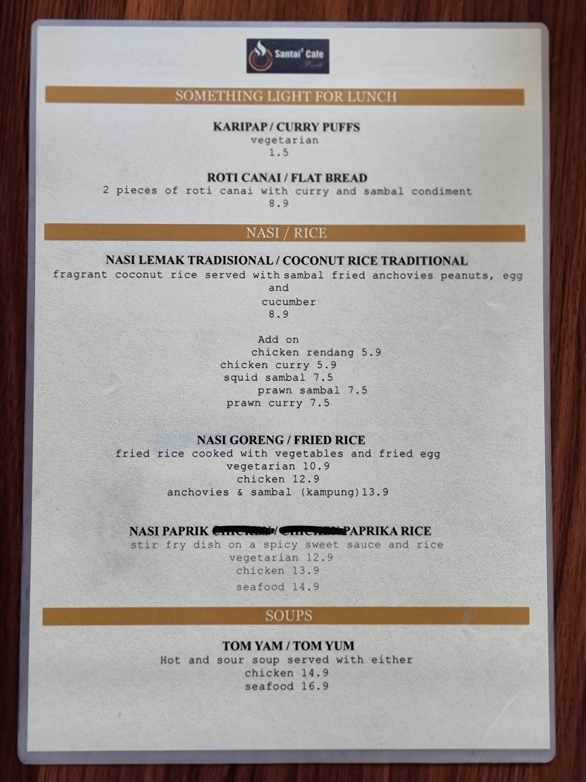 Menu at Santai² Cafe Perth, East Victoria Park