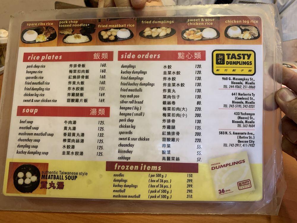 Menu at Tasty Dumplings restaurant, Manila, Wellington Building