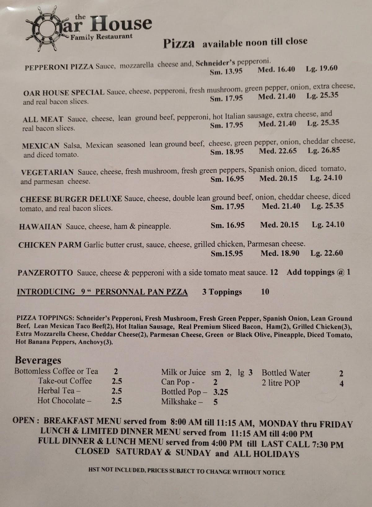 Menu at The Oar House pub & bar, Marathon