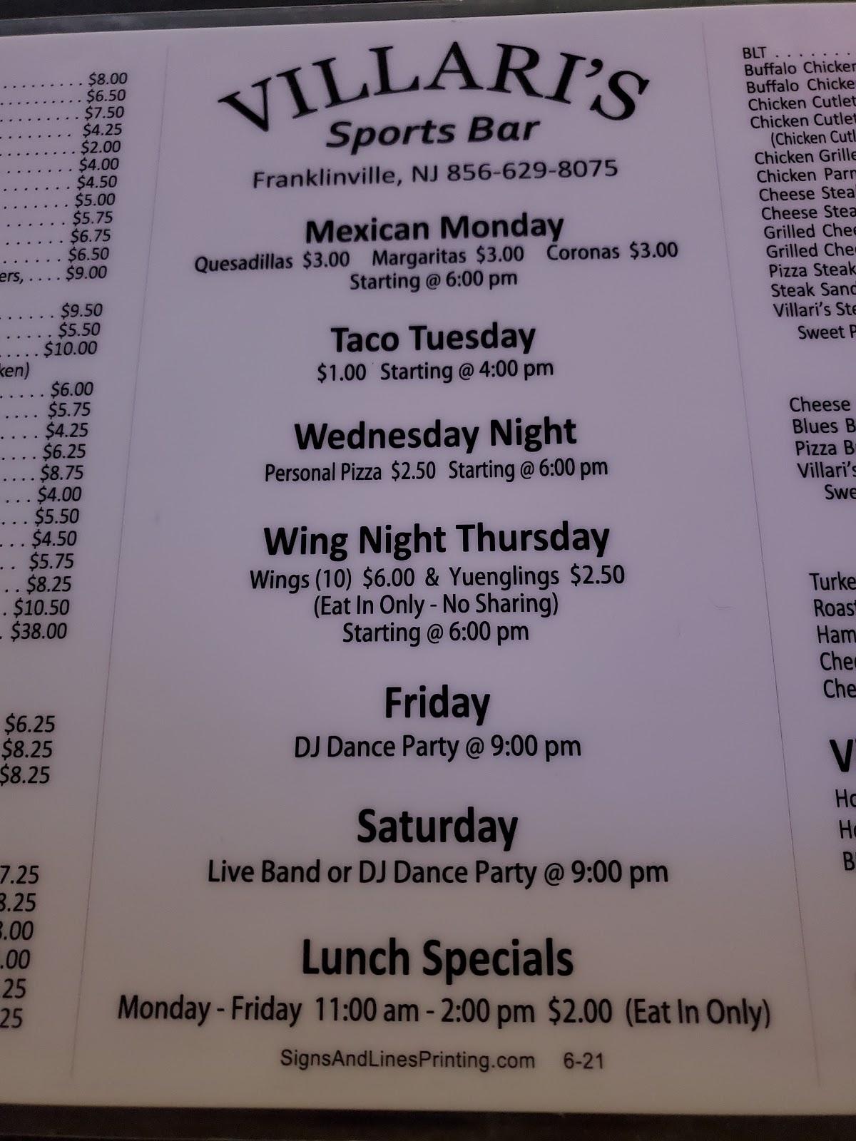Menu at Villari's franklinville pub & bar, Franklin