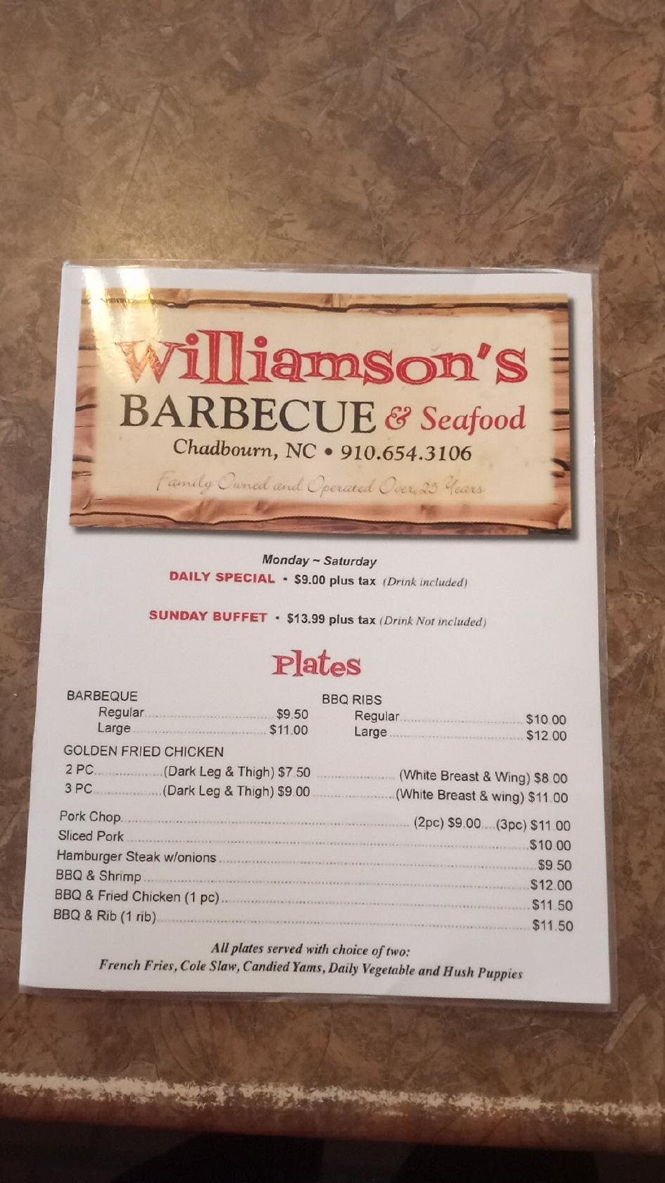Menu at Williamson's Barbecue Restaurant, Chadbourn, N Brown St