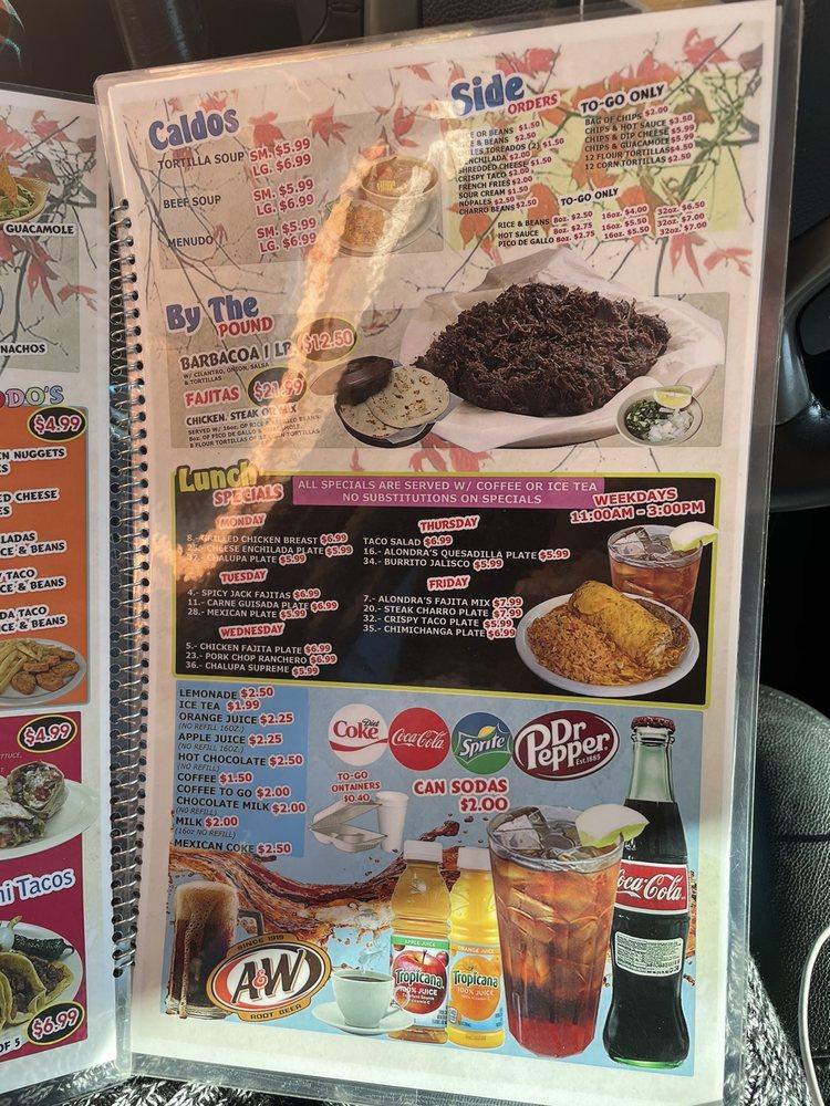 Menu at Alondra's Mexican Restaurant, La Vernia