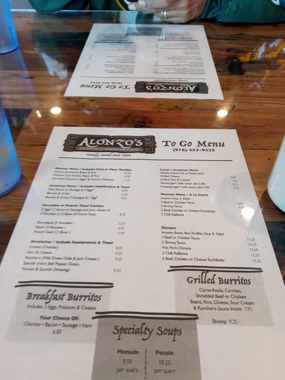 Menu at Alonzo's Mexican & American Food restaurant, Sacramento