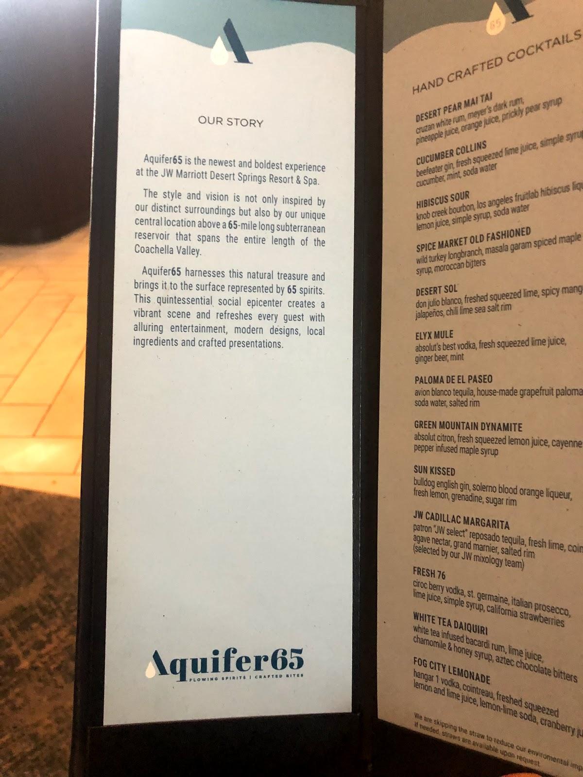Menu at Aquifer 65 pub & bar, Palm Desert