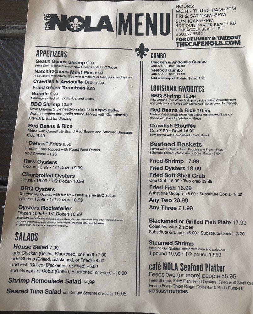Menu at Cafe Nola, Gulf Breeze