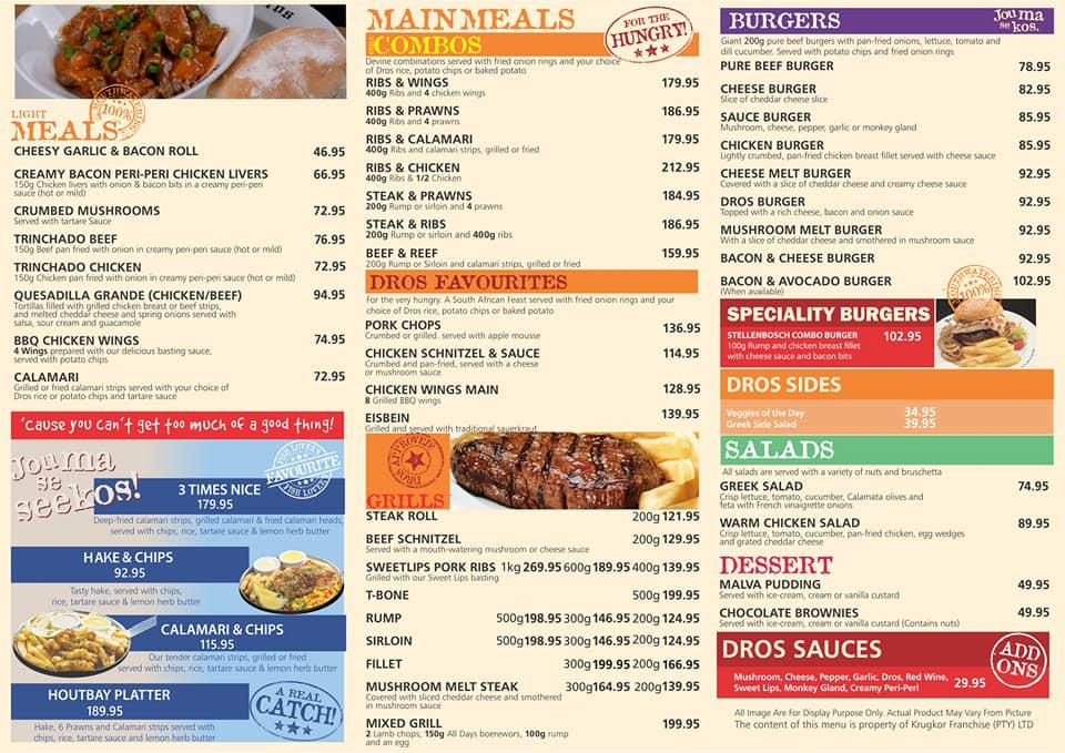 Menu at Dros restaurant, Richards Bay, Shop 1