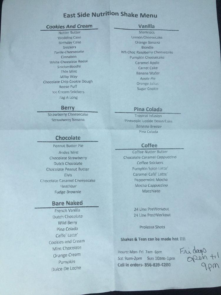 Menu at East Side Nutrition pub & bar, Vineland
