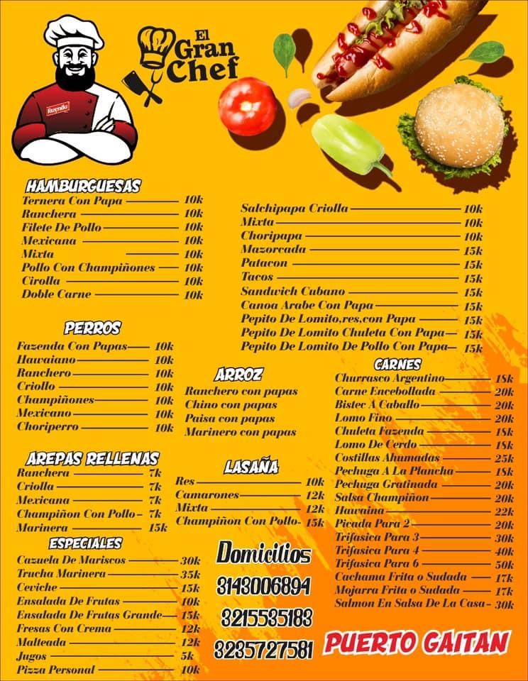 Carta del restaurante El Gran Chef, Puerto Gaitán