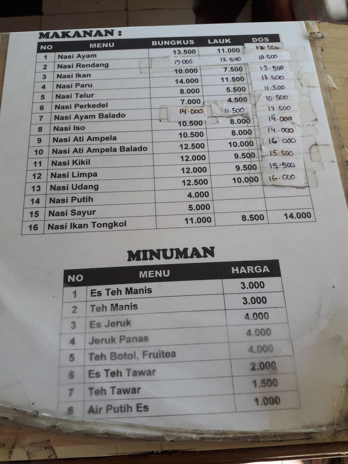 Menu at RM. Padang Hayam Wuruk restaurant, Semarang