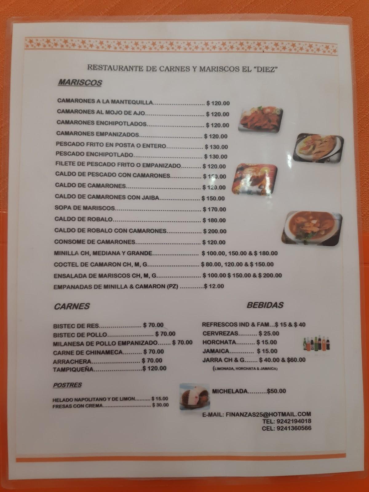Menu at "Restaurante el diez", Huazuntlán